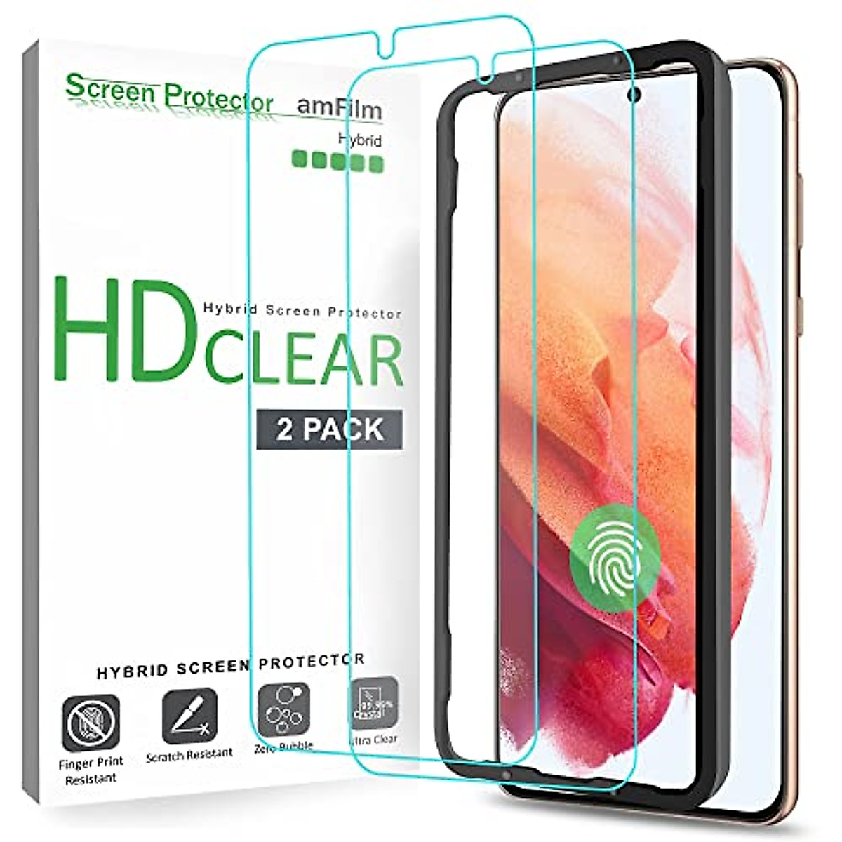 amFilm Screen Protector for Samsung Galaxy S21 5G 6.2 inch (2021), Fingerprint ID Compatible, HD Clear, Scratch Resistant Hybrid, with Easy Installation Tray, Polyethylene Terephthalate, 2 Pack