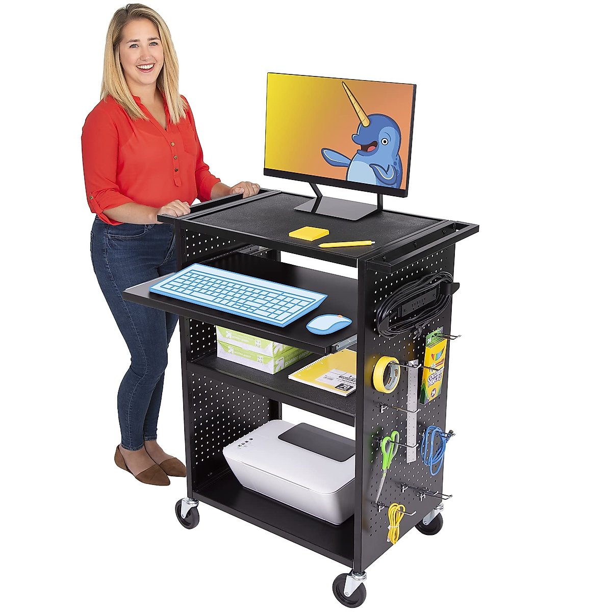Line Leader Stellar AV Cart | Reimagine Your Teacher Cart with Revolutionary Pegboard Siding & 12 Movable Peg Hooks for Customizable Storage | UL Safety Certified Mobile Workstation with Keyboard Tray