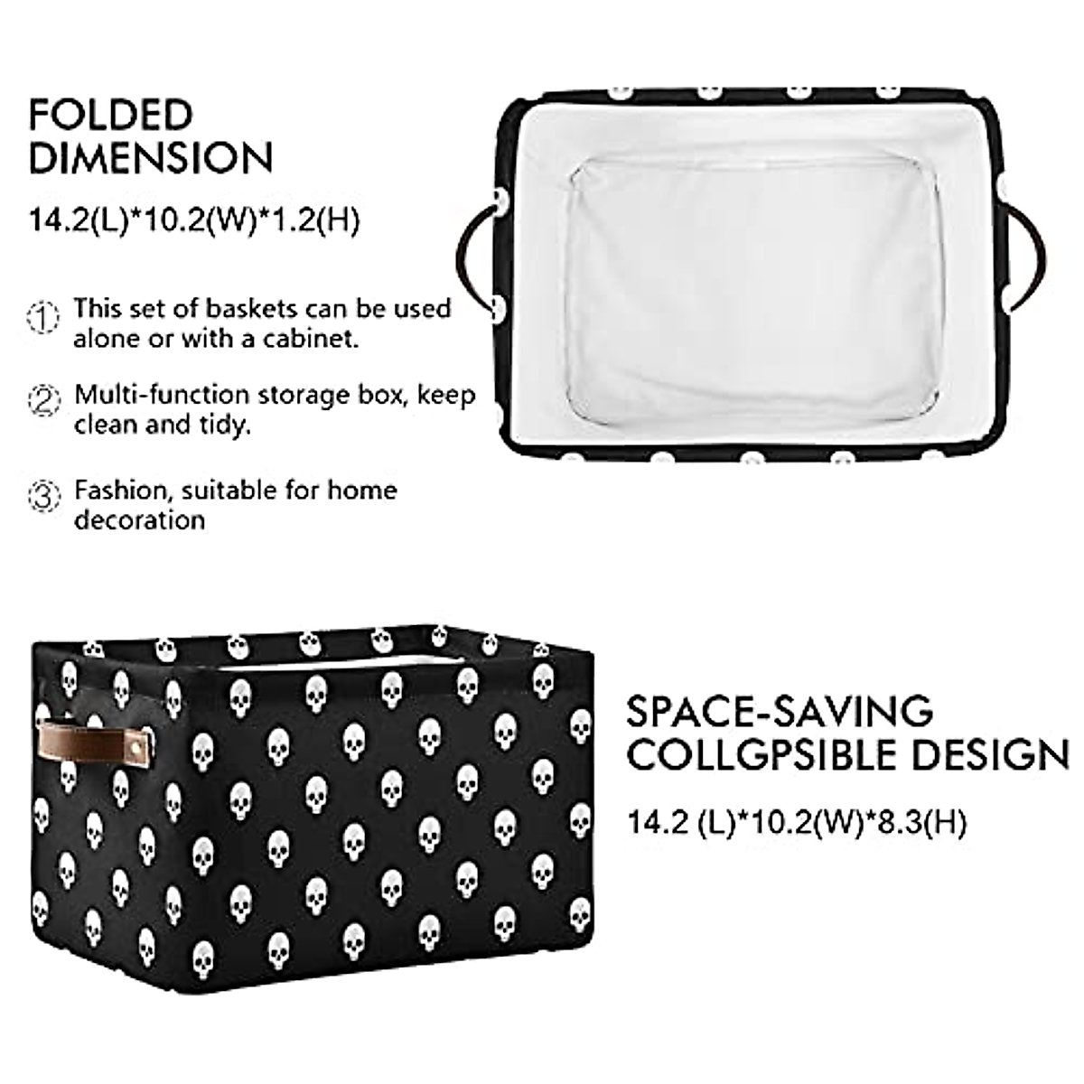 Skull Skeleton Pattern Cube Storage Bin with Handle Collapsible Laundry Storage Basket Rectangle Container Box for Home Office Closet Shelves 1 Pack