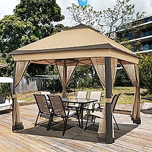 Yaheetech 11'x11' Pop Up Gazebo Outdoor Canopy Shelter Instant Pop Up Patio Gazebo Sun Shade Gazebo Canopy Tent with Double Tiers and Mesh Netting, for Lawn, Garden, Backyard and Deck (Khaki&Brown)