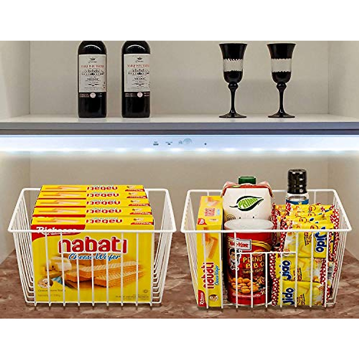 iPEGTOP Refrigerator Chest Freezer Baskets, Large Household Wire Storage Basket Bins Organizer with Handles for Kitchen, Pantry, Freezer, Cabinet, Closets, Pearl White, Set of 4