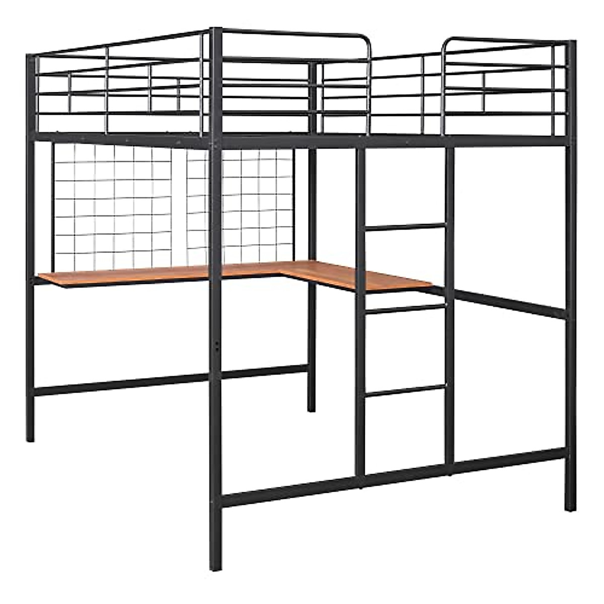 Full Size Loft Bed with Desk and Metal Grid, Metal Loft Bed with Ladder and Full-Length Guardrail for Kids Boys Girls Teens, Hold up to 250lbs, Noise Free Frame, Black