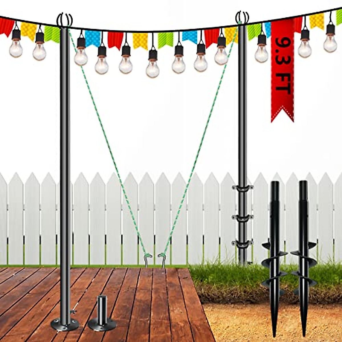 OGoeesy String Light Poles 9.3FT Poles for Outdoor String Lights Spiral Anchor Patio Lighting Stand, 28Φ Metal Posts for String Light, Light Poles for Yard Wedding Parties Home Decor (2 Set)