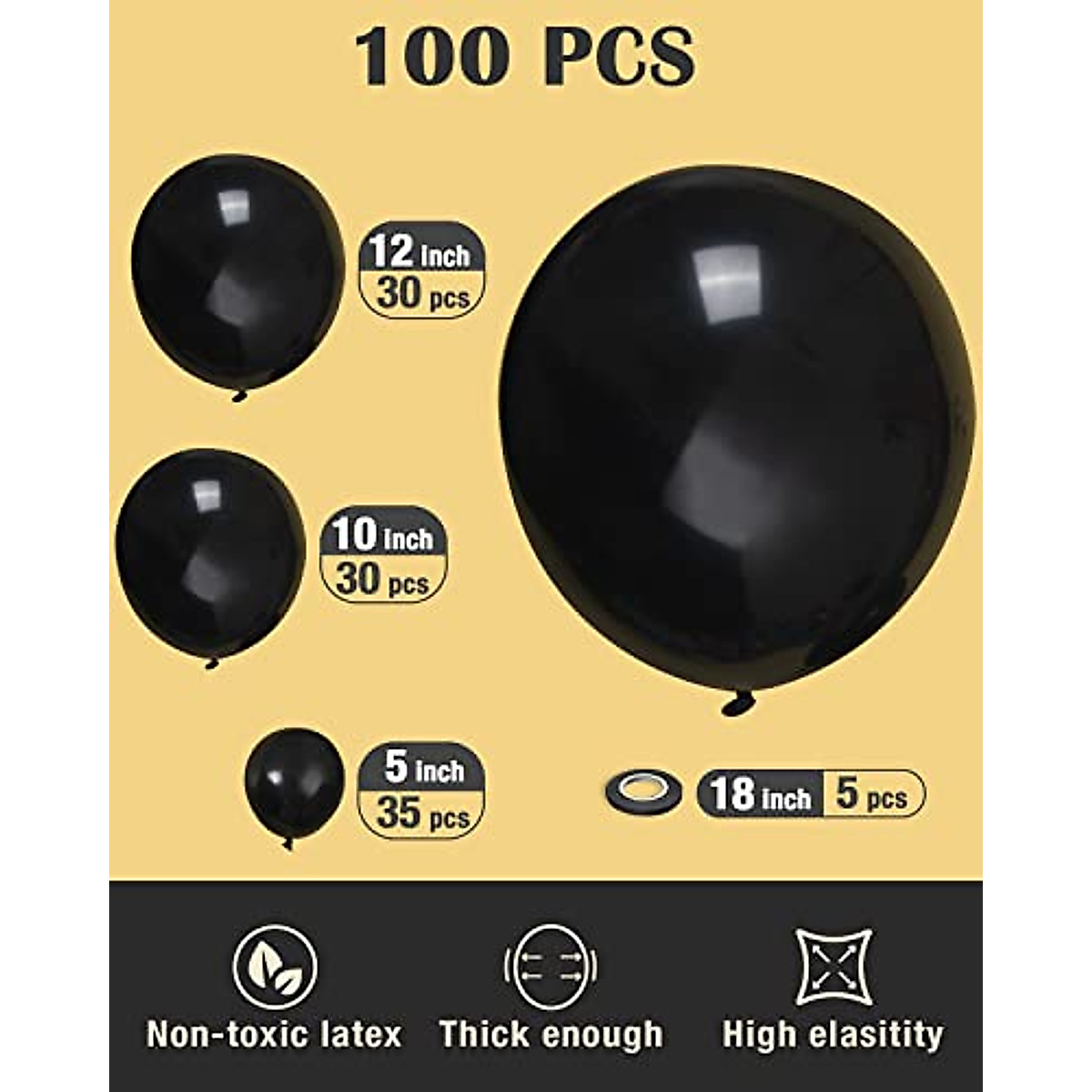 Styirl Black 100 Pcs Party Balloons (5/10/12/18 inch) for Birthday, Wedding, Graduation, Baby Shower, Bachelorette Party Decorations, Includes Curling Ribbon