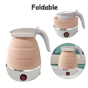Foldable Portable Electric Kettle with Food Grade Silicone, 9 Mins Fast Water Boiling Tea Pot Coffee Pot for Camping or Travel, Collapsible Kettle with Separable Power Cord 110V US Plug 600ML Pink