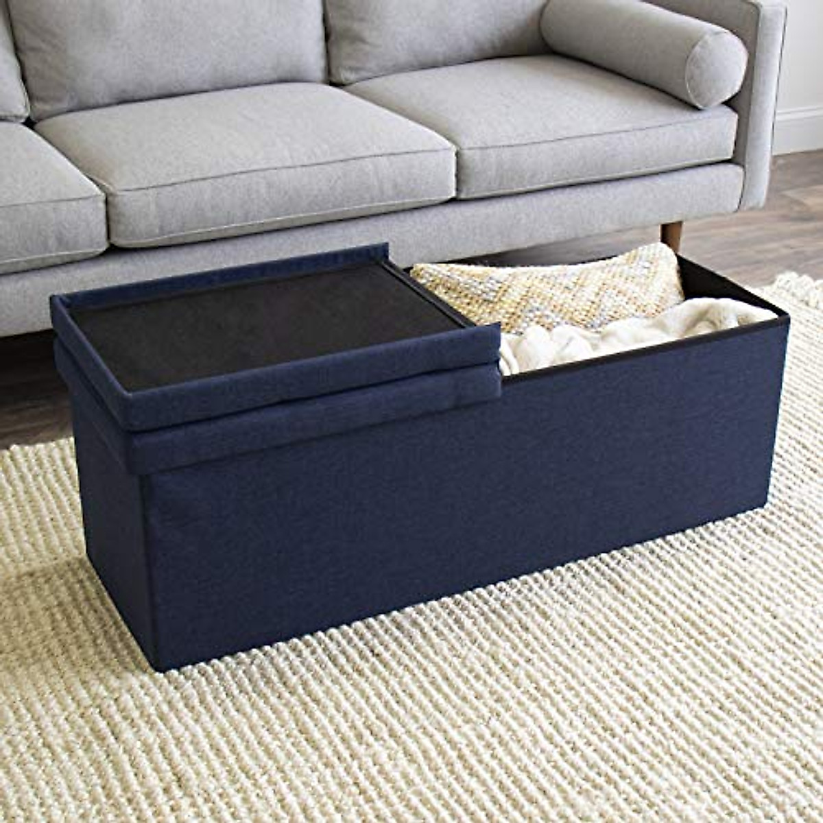 Humble Crew, Navy Folding Storage Ottoman Bench with Tufted Padded Flip Lid