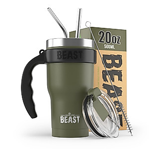 BEAST 20 oz Army Green Tumbler Set with Handle - Stainless Steel Coffee Cup + 2 Straws Brush, Gift Box & Black Handle