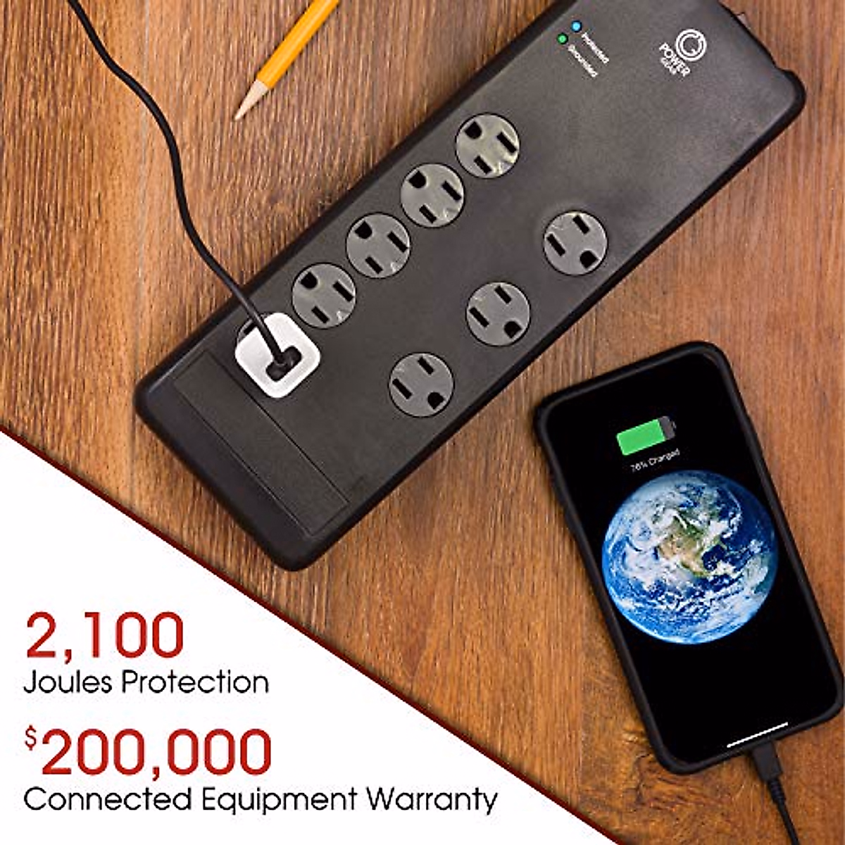 Power Gear 8 Outlet Power Strip Surge Protector, 7 Ft Extension Cord, 2100 Joules, Twist-to-Close Safety Outlet Covers, 3 Adapter-Spaced Outlets, On/Off Switch, Automatic Shutdown, Black, 12996