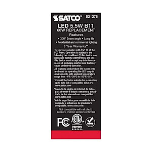 Satco S21278 5.5B11/LED/927/FR/120V/E12-6 Pack