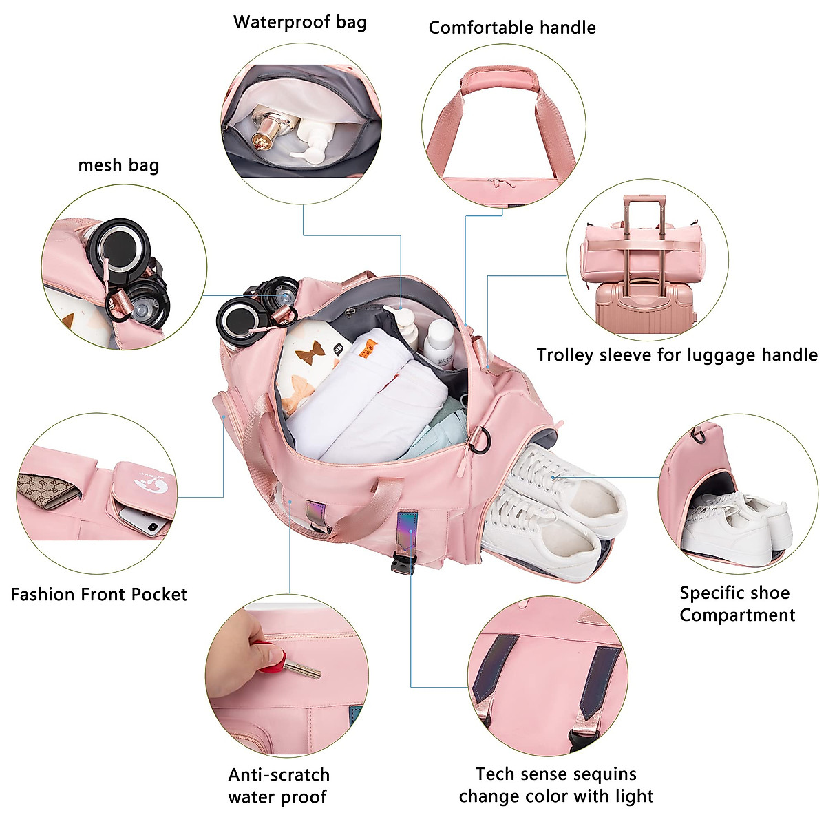 Pink Gym Bag Duffel Bag for Women - 18.5"×9.5"×9" Small Travel Bag with Wet Pocket and Shoes Compartment Gymnastics Equipment Bags Outdoor Bag