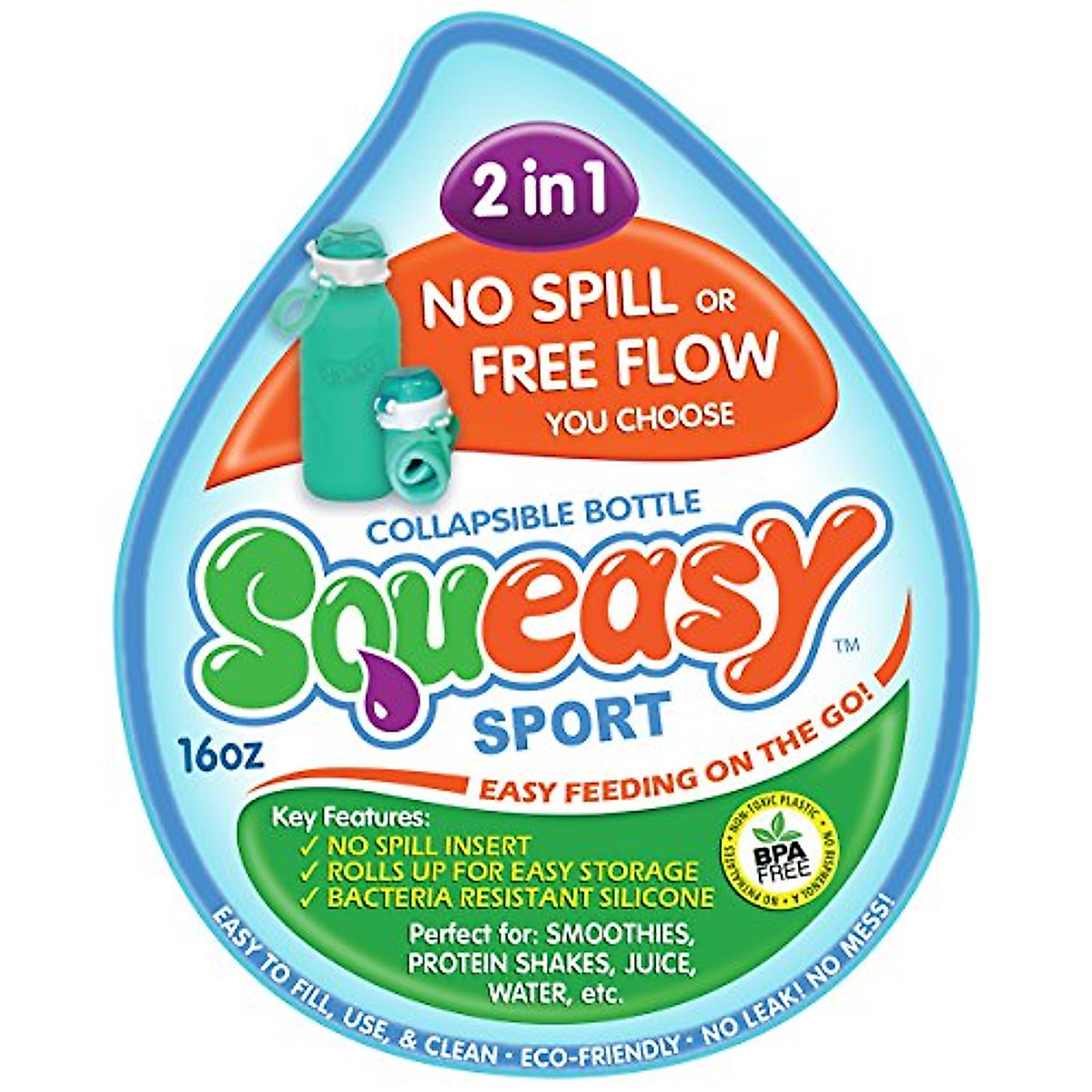 Aqua 16 oz Squeasy Snacker Spill Proof Silicone Reusable Food Pouch - for Both Soft Foods and Liquids - Water, Apple Sauce, Yogurt, Smoothies, Baby Food - Dishwasher Safe