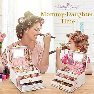 Jewelry Box for Girls Women, Jewelry Organizer Box 3 Layer with PU Leather, White Travel Jewelry Case with Mirror for Earring Ring Bracelet Necklace, Best Gift for Girls(Rose Lock & Butterfly Print)
