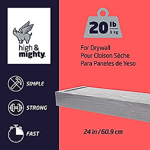 HIGH & MIGHTY 515621 Modern 24" Floating Shelf Holds up to 20lbs, Easy Tool-Free Dry Wall Installation, Flat, Retail Pack of 2, Gray