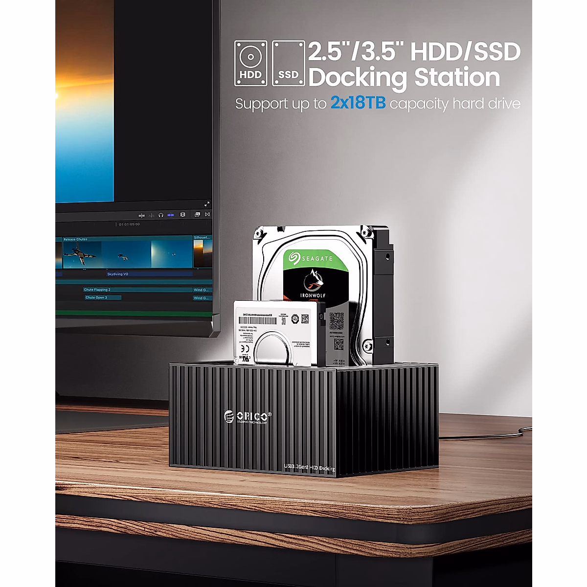ORICO Dual Hard Drive Docking Station USB 3.2 Gen 1 External Aluminum Hard Drive Docl with Offline Clone for 2.5/ 3.5 inch SSD HDD Up to 18TB-9628C3-C