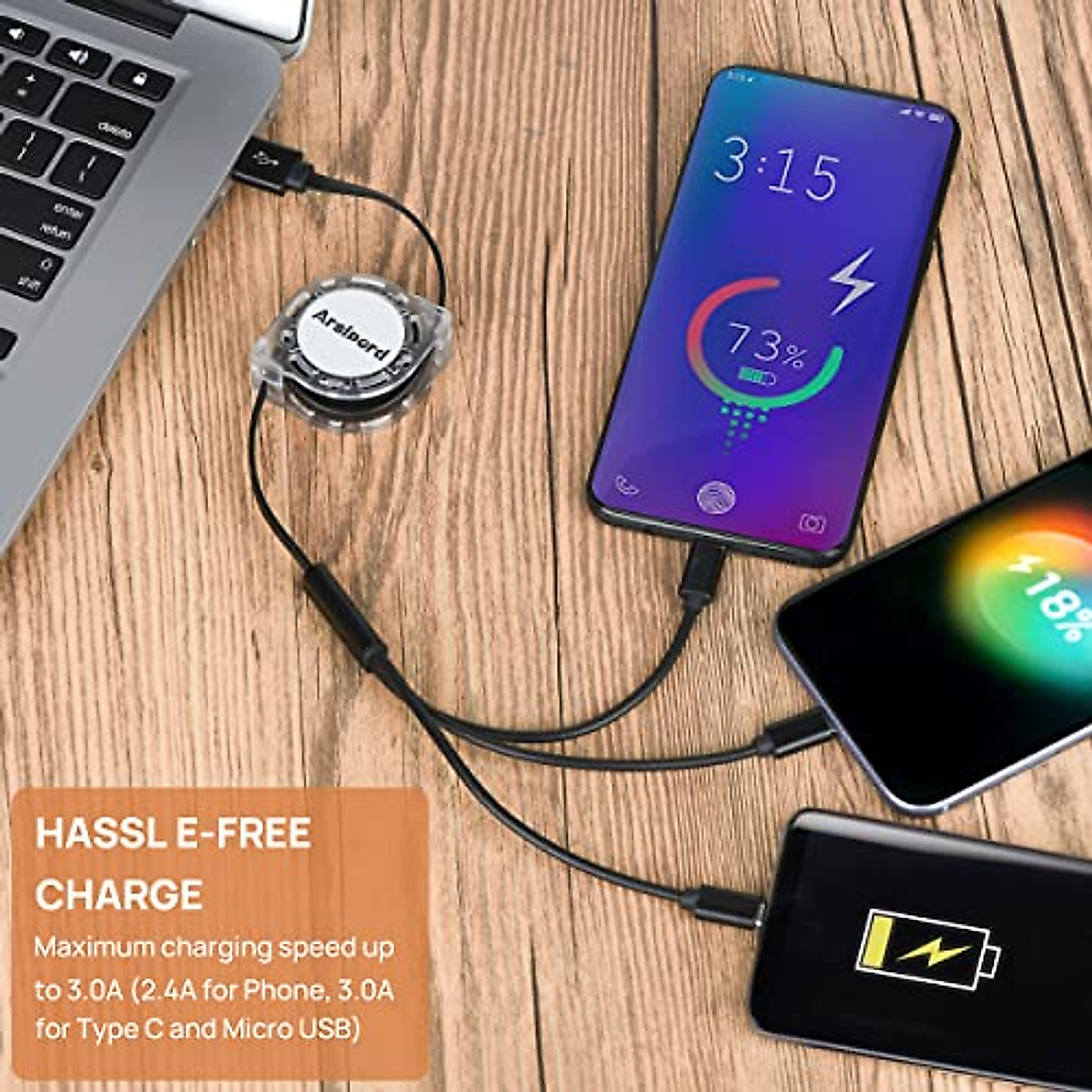 Multi USB Retractable Charger Cable,Arsiped 2 Pack 3 in 1 Multiple Charging Cord Adapter with Mini Type C Micro USB Port Connectors Compatible with Cell Phones Tablets Universal Use (3.3ft/Black) …