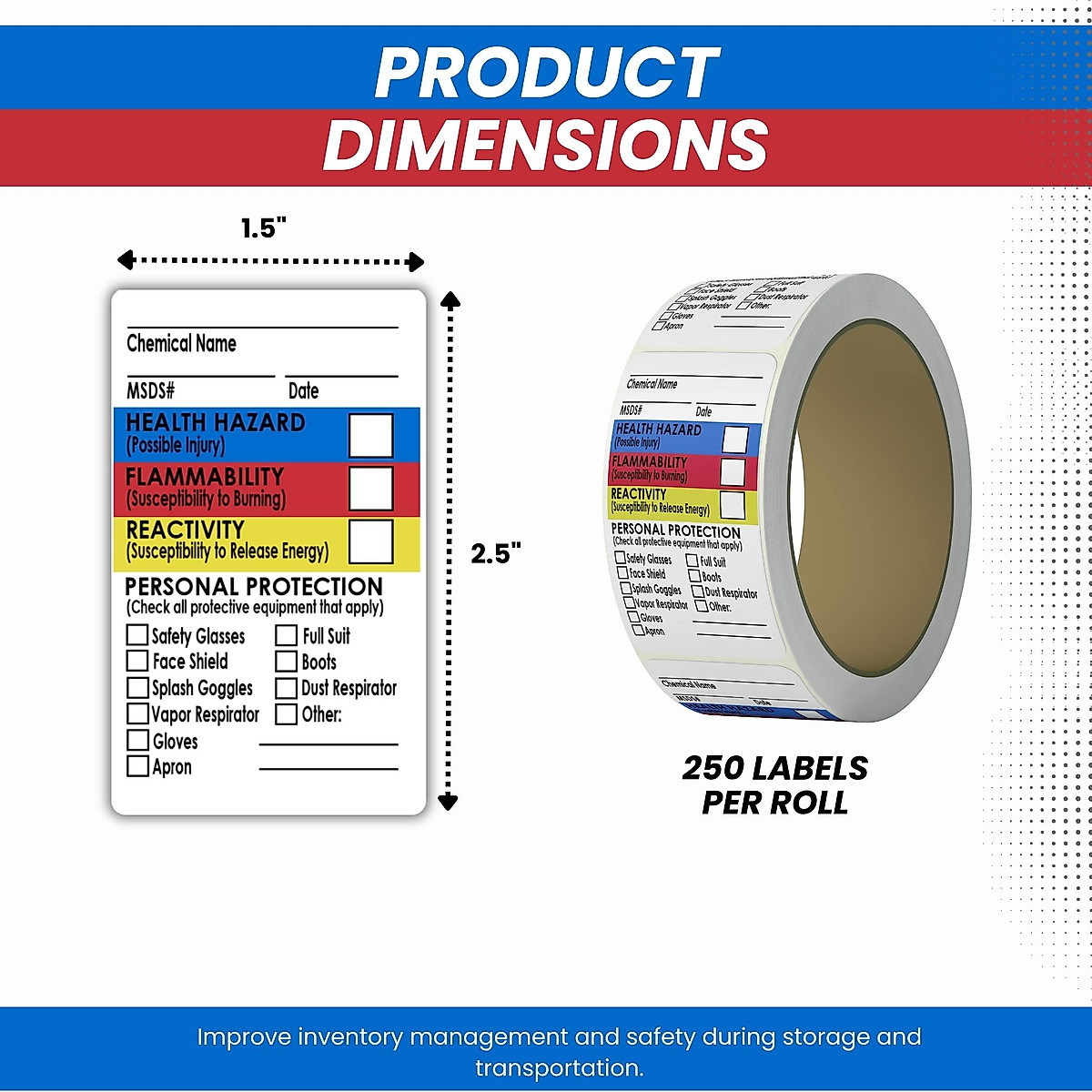 Performore SDS Stickers/MSDS Stickers, 1.5x2.5 Inch Roll of 250, Right to Know Stickers - Chemical Identifying and Marking, Highly Visible and Durable Self Adhesive