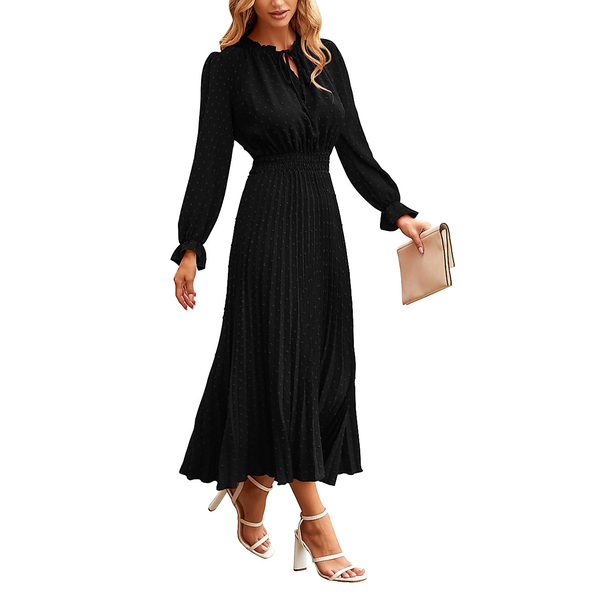 PRETTYGARDEN Women's 2024 Fall Midi Dress Casual Long Sleeve V Neck Swiss Dot Pleated A Line Flowy Dresses (Black,Medium)
