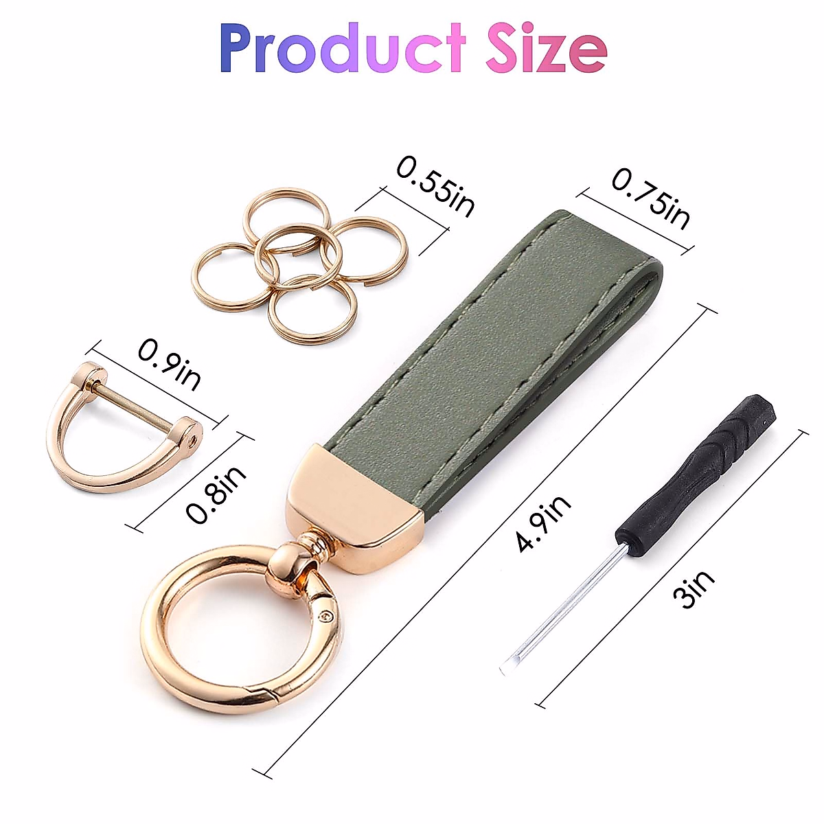 Gerkia Leather Car Keychain for Men and Women Key Chains for Car Keys with 5 Key Rings and Anti-loss D-ring Keychain ，Dark Green