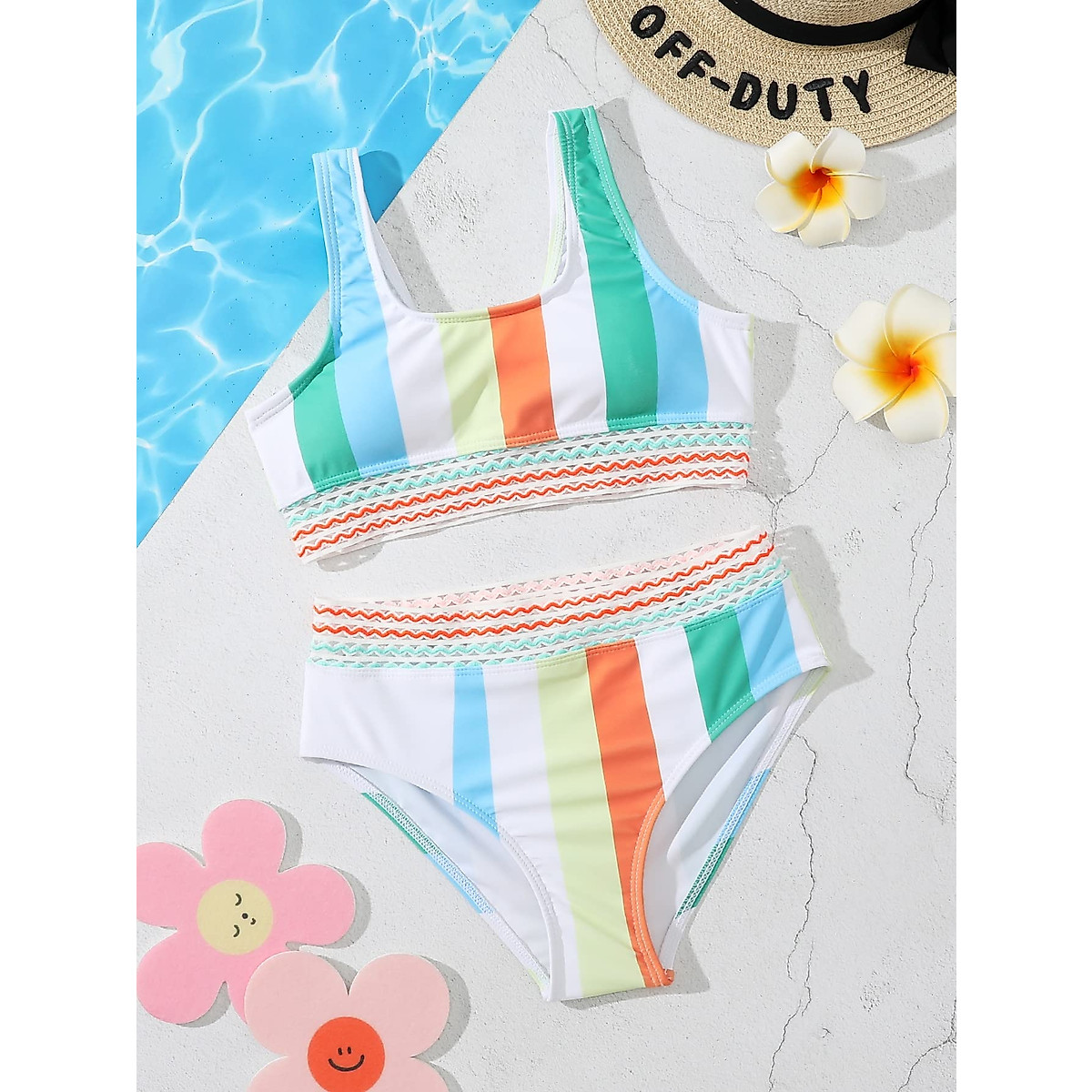 Milumia Girl 2 Piece Striped Bikini Swimsuit Contrast Mesh Scoop Neck Bathing Suit Green and White 11-12 Years