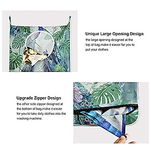 Oyihfvs Peacock with Beautiful Feathers Green Tropical Leaves 1PC Hanging Laundry Hamper Bag, Dirty Clothes Bag Over The Door, Wall Cloth Basket with Hooks Storage College Closet for Bathroom Bedroom