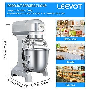 LEEVOT 30Qt Commercial Food Mixer, Commercial Dough Mixer 1250W 3-Speeds Adjustable, Heavy Duty Electric Stand Mixer with Stainless Steel Bowl for Kitchenaid and Pizzeria (Simple)