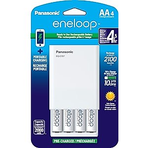 Eneloop Panasonic K-KJ87MCA4BA Individual Battery Charger with Portable Charging Technology and 4AA Rechargeable Batteries, White