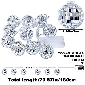 BBTO 10 Pcs LED Disco Ball String Light 2 Inch Battery Powered Mirror Ball Ornaments 70s 80s 90s Disco Party Supplies(Silver)