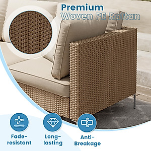 DIFY Outdoor Furniture Patio Set 7 Pieces Wicker Rattan Conversation Set with Thickened Cushions and Coffee Table, Sectional Sofa Set for Porch Deck Garden, Oak