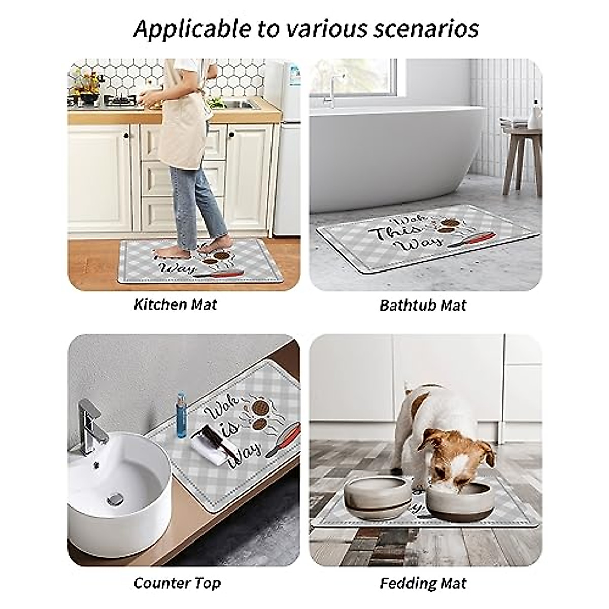 Gogobebe Super Absorbent Diatom Mud Mat Wok This Way Kitchen Sign Gray Checked Quick-Drying Thin Bath Mat Non-Slip Bathtub Mat Anti-Skid Rubber Bathroom Shower Mat 16x24in