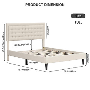 Keyluv Full Size Bed Frame with Button Tufted Headboard, Modern Fabric Upholstered Platform Bed Frame, Strong Wooden Slats Support, No Box Spring Needed, Beige