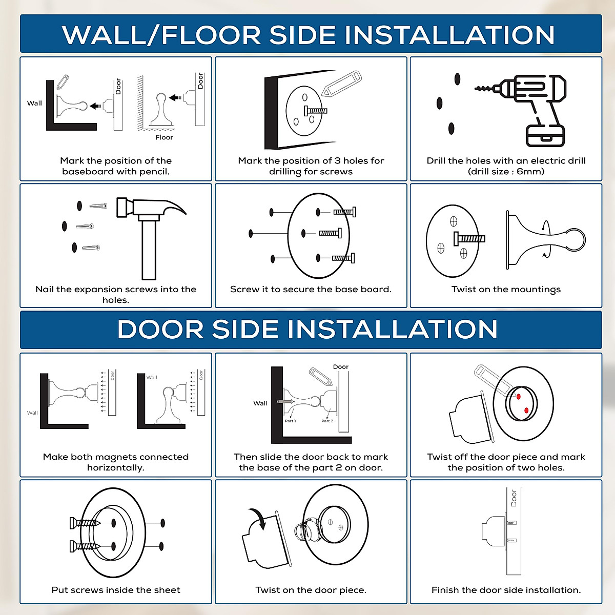 OmHome Magnetic Door Stop Silver Pack of 1 Soft-Magnetic Door Catch, Magnetic Door Stoppers for Bottom of Door, Practical, and No-Drill Solution with 3M Self Adhesive Pads to Hold Wide Doors Securely
