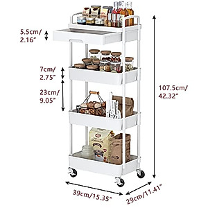 Dttwacoyh 4-Tier Rolling Cart，Trolley with Drawer, Kitchen Storage Organizer with Plastic Shelf & Metal Wheels, Storage Cart for Living Room, Kitchen, Office, Bathroom, White