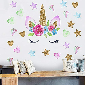 heshengzaixian Unicorn Horn Wall Stickers, Unicorn Face Star Heart Wall Decals for Girls Bedroom, Baby Girl Nursery Kid’s Birthday Decoration,Girl's Room Decor