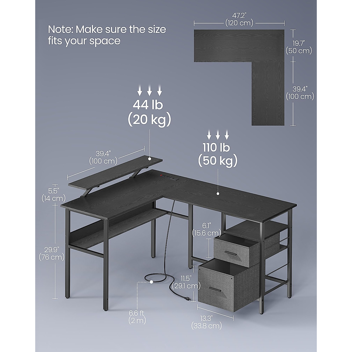 VASAGLE L-Shaped Desk with Power Outlets, Computer Desk with Monitor Stand, Corner Desk, Gaming Desk with LED Lights, 2 Drawers, Easy to Assemble, for Home Office, Ebony Black ULWD095B56