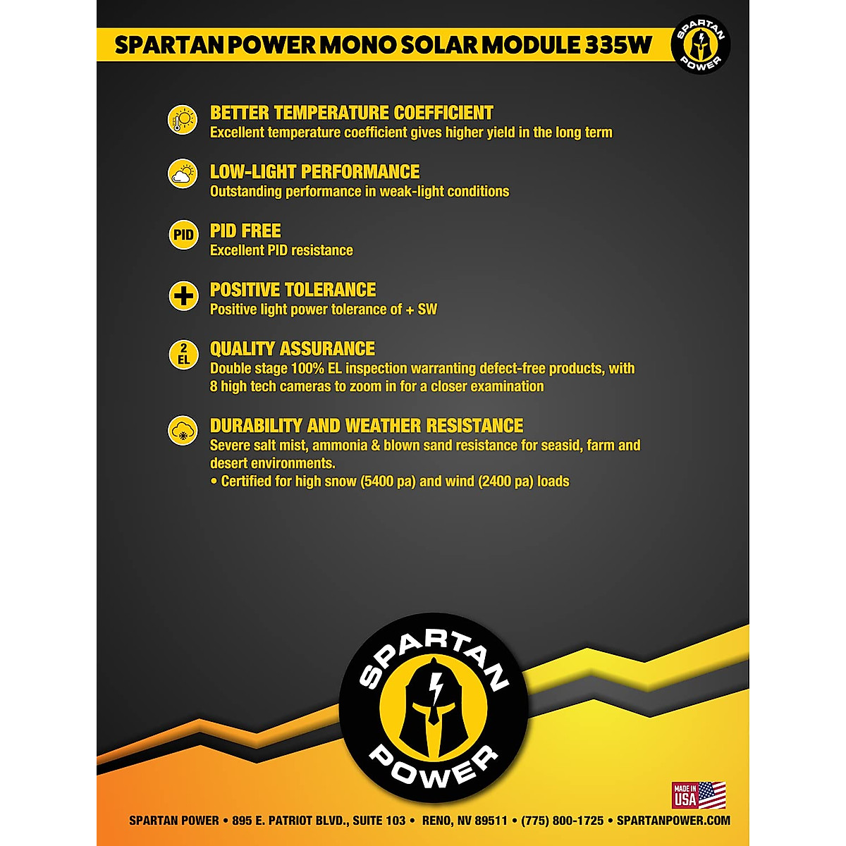 4 Pack of Spartan Power 335 Watt Solar Panels Black Mono Residential, RV, Motor Home, Off-Grid Cabin Made in The USA