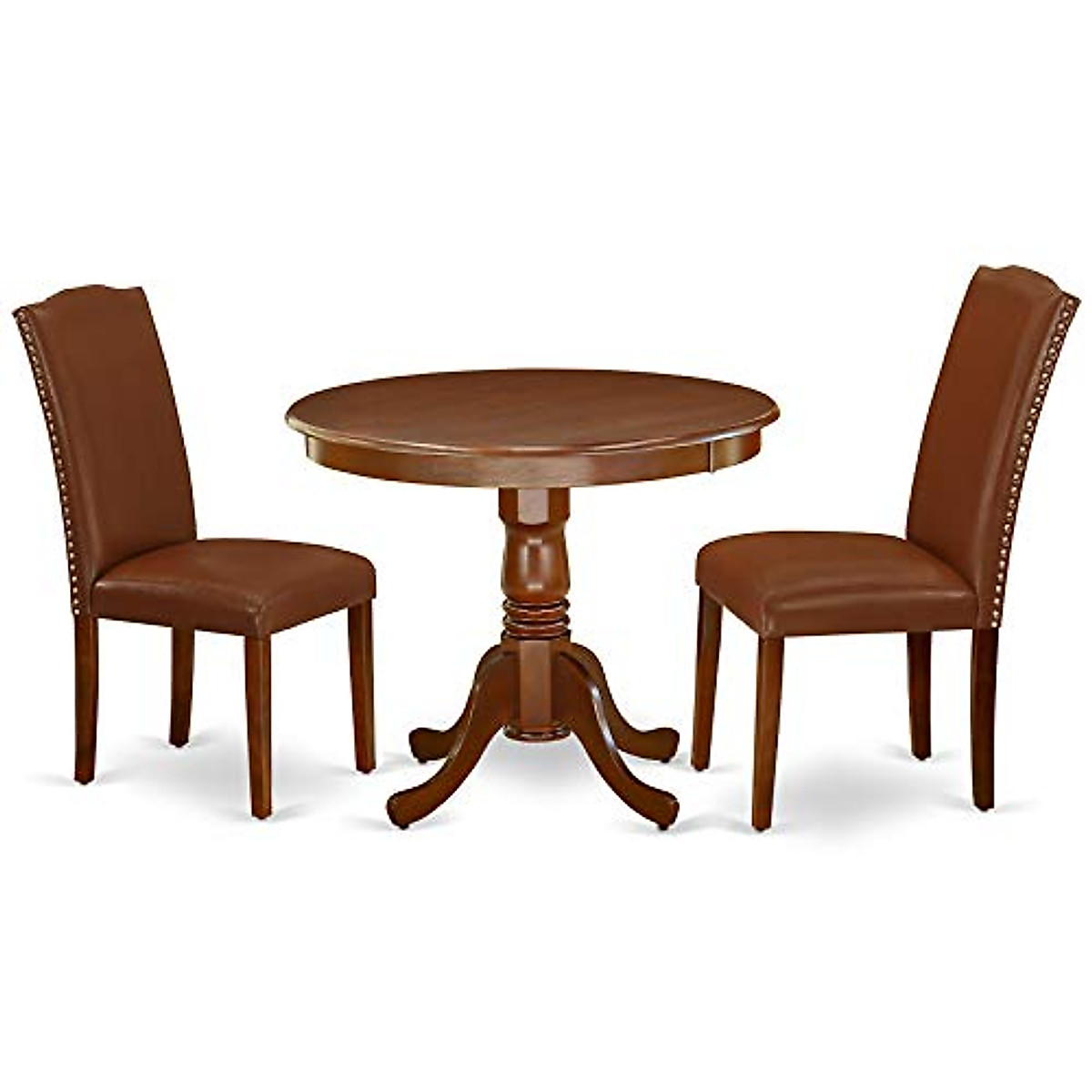 East West Furniture ANEN3-MAH-66 3Pc Rounded 36 Inch Dining Table And 2 Parson Chair With Mahogany Leg And Brown Flaux Leather, 3