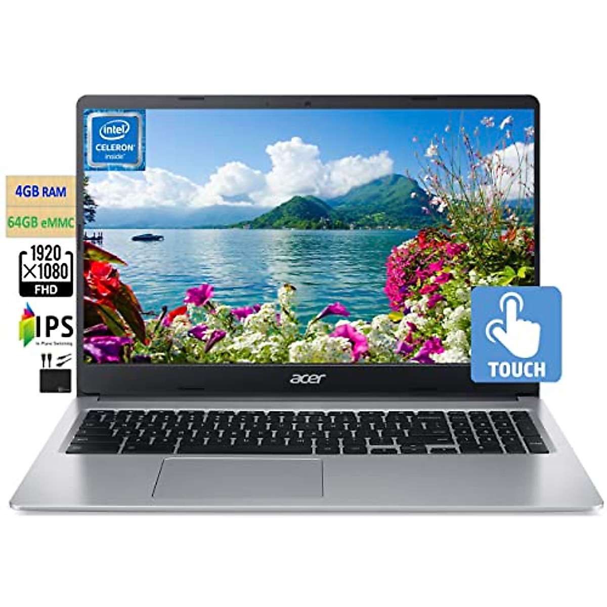 acer 2023 Newest Chromebook 15.6" FHD 1080p IPS Touchscreen Light Computer Laptop, Due-core Intel Celeron N4020, 4GB RAM, 64GB eMMC, HD Webcam, WiFi 5, 12+ Hours Battery, Chrome OS, w/Marxsolcables
