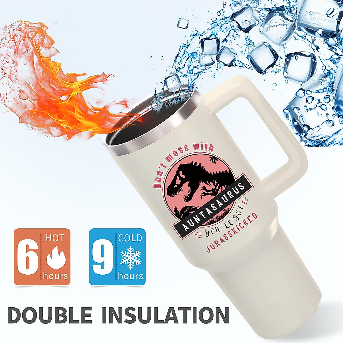 Aunt Tumbler Gift for Aunt For Mothers Day from Niece Aunts Gifts from Nephew - 40oz Beige Funny Tumbler Dinosaur Cup - Unique Birthday Gift Thank You Christmas