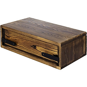 MyGift 15.5 Inch Rustic Floating Shelf with Drawer, Burnt Solid Wood Decorative Wall Mounted Wooden Bedroom Nightstand or Storage Console Table