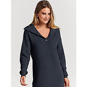 ANRABESS 2023 Fall Long Sleeve Womens Sweater Dress Oversized Lapel Collar Button V Neck Ribbed Loose Fit Casual Trendy Pullover Short Mini Fashion Dresses B782zanglan-L Navy Blue