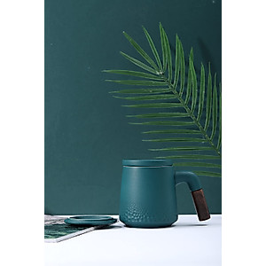 NCQIXIAO Tea Cup with Infuser and Lid, Raindrop Style Tea Mug Cups with Infuser, Wood Handle Ceramic Coffee Mug with Lid for Steeping Loose Leaf Tea 320ml/10.82OZ (Dark Green)