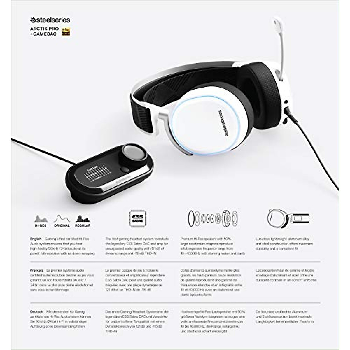 SteelSeries Arctis Pro + GameDAC Wired Gaming Headset - Certified Hi-Res Audio - Dedicated DAC and Amp - for PS5/PS4 and PC - White