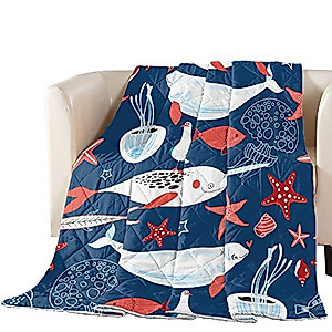 Cool Summer Bedspread Quilt Submarine Fauna Narwhal Sea Star Jellyfish All-Season Comforter Duvet Insert or Stand-Alone Comforter, Comfortable Air Conditioning Bed/Sofa Blanket for Adults Kids 82x85in