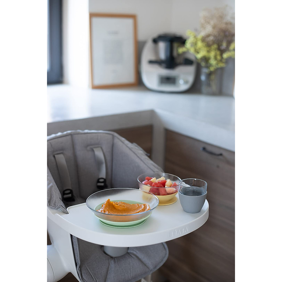 BEABA 3-Piece Glass and Silicone Meal Set - Easy to Clean - Dishwasher and Microwave Safe - Non-Slip Suction Bottom - Includes Plate, Bowl, Cup (Pastel)