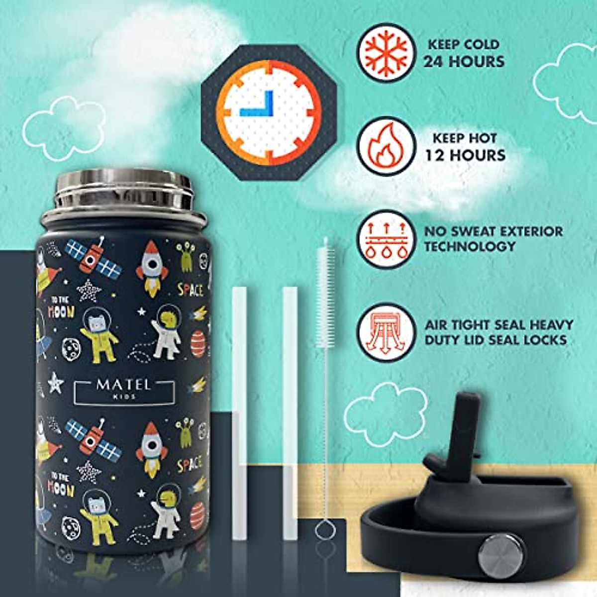 Kids Insulated Water Bottle 14oz BPA-FREE 18/8 Stainless Steel Double Walled Vacuum Keep Cold/Hot cartoon kids cup with straw Leak Proof Lid Water Bottle for School for Boys Girls