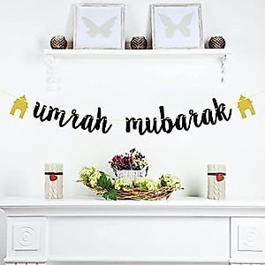Umrah Mubarak Banner Eid Mubarak Banner Gold GlitterEid Mubarak Decorations | Eid Mubarak Party Decorations Supplies Eid Mubarak Party Decorations（Gold and Black）