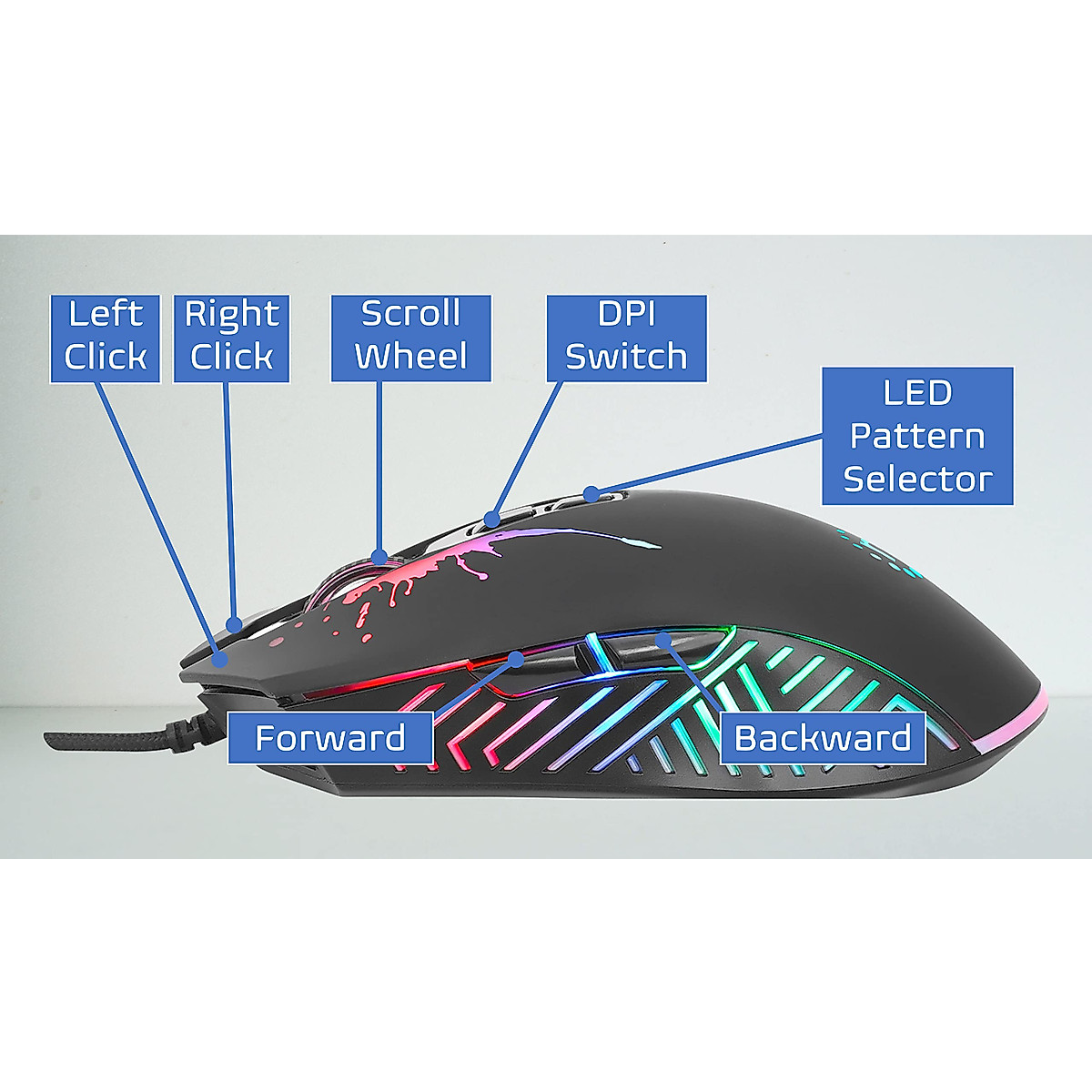 MANHATTAN Wired RGB Gaming Mouse – Long 5 ft Braided USB Cable, 7200 DPI, Ergonomic Gamer Optical Mouse with Light Up LED -for Windows PC and Laptop Computer- Black – 3 Yr Mfg Warranty –190121