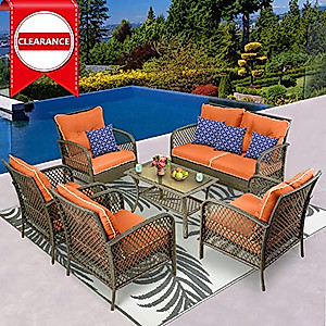 PHIKOOVA 6-Piece Wicker Patio Conversation Furniture Sets w/ 4 Pillows, Orange Outdoor Patio Furniture Set w/Table, All Weather PE Rattan Porch Outdoor Chairs, Brown Wicker/Orange Cushions
