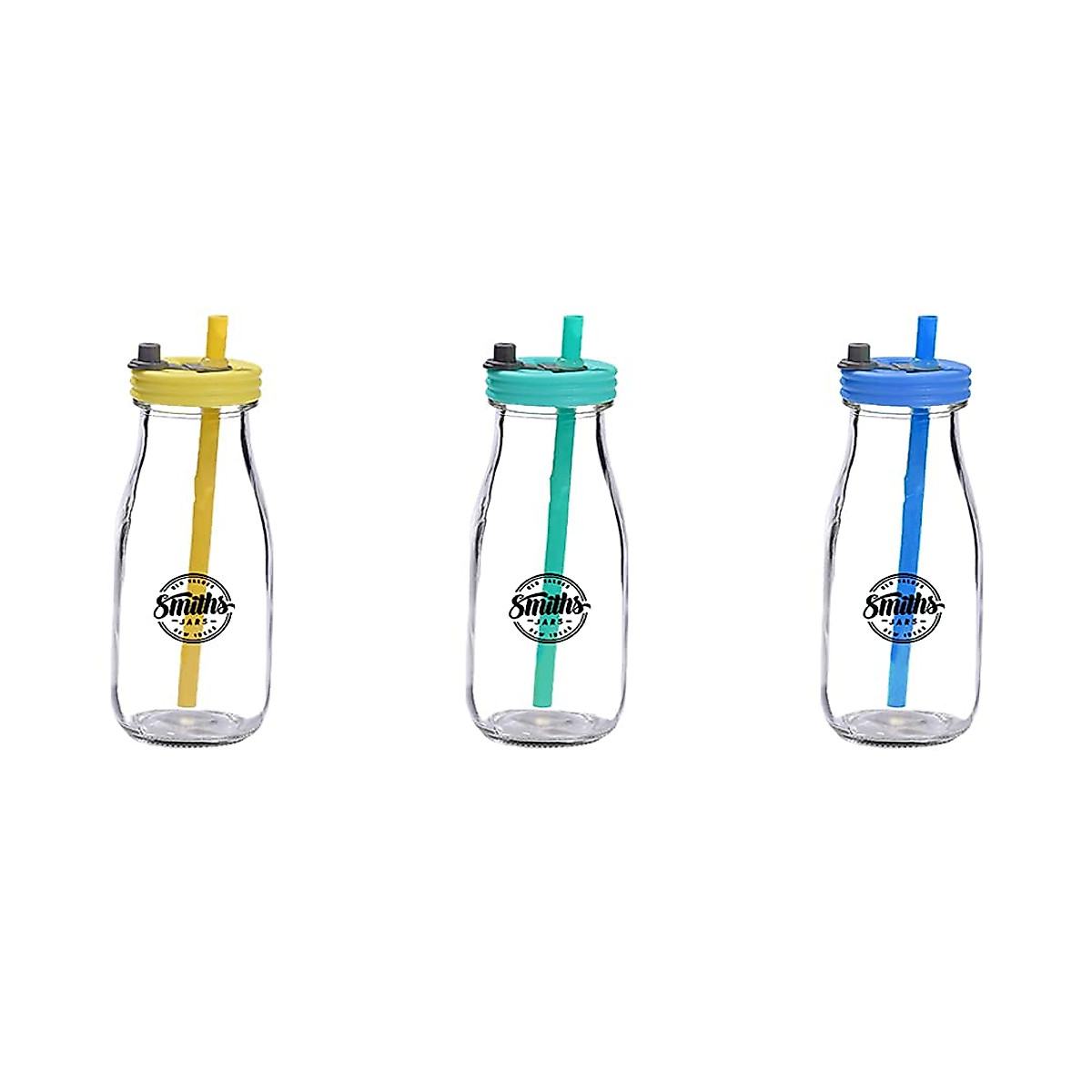 Smiths Mason Jars Set of 9 Mini Glass Milk Bottles 300ml Splash Proof Lids and Reusable Drinking Straws for Kids | General Use Kids Home