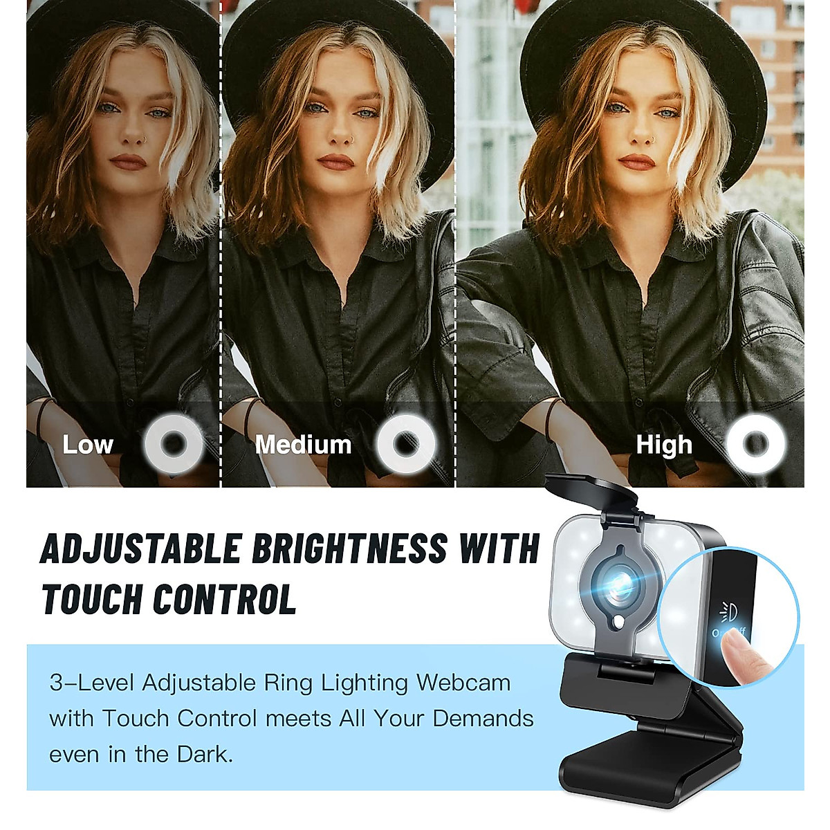 Webcam FHD 1080P Streaming Webcam with Ring Light, Microphone, Privacy Cover and Auto-Focus, Plug and Play, USB Web Camera for Zoom Skype YouTube, PC Laptop Computer